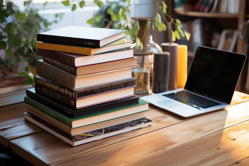 Books with Laptop on Table Blur Background Stock Illustration ...