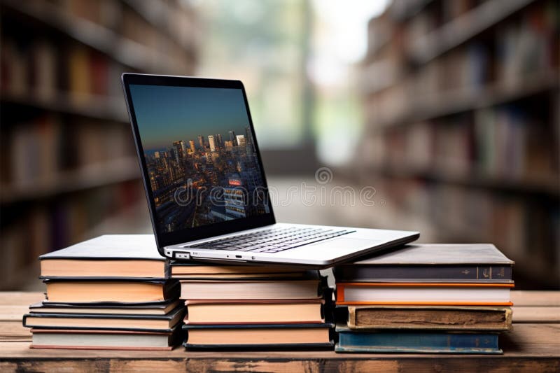 Books with Laptop on Table Blur Background Stock Illustration ...
