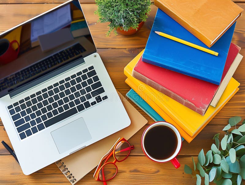 Books and Laptop on Wooden Table. the Concept of Information Search on ...