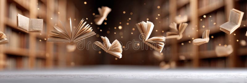 Books and Libraries in Flight Open Books Float in a Library Symbolizing ...