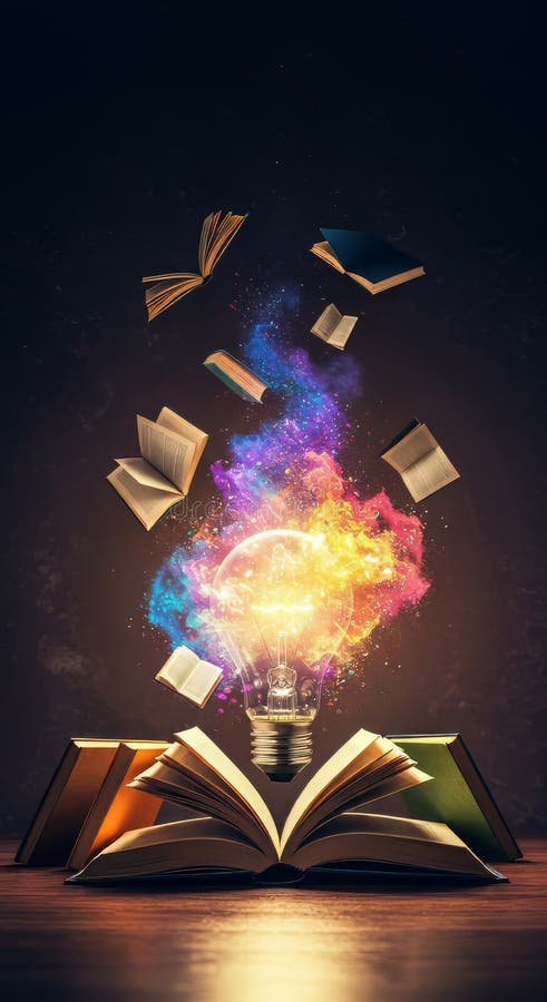 Books and Lightbulb with Colorful Energy Exploding for Creative Ideas ...