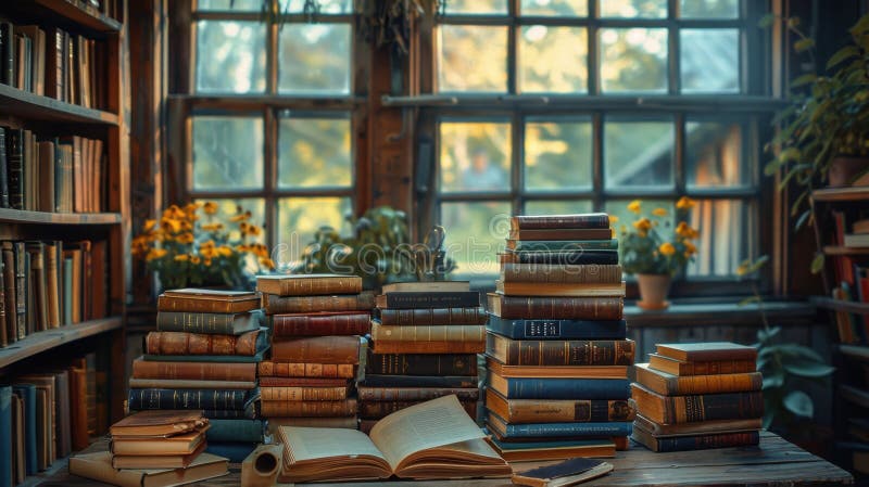 Books Lying on the Table in the Library. Books Stacked on the Library ...