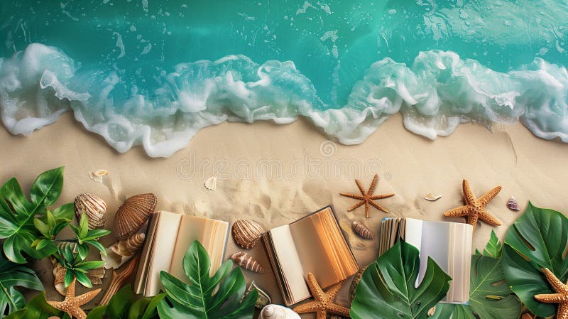 Books and Marine Shells Nestled on a Sandy Beach, with Gentle Waves ...