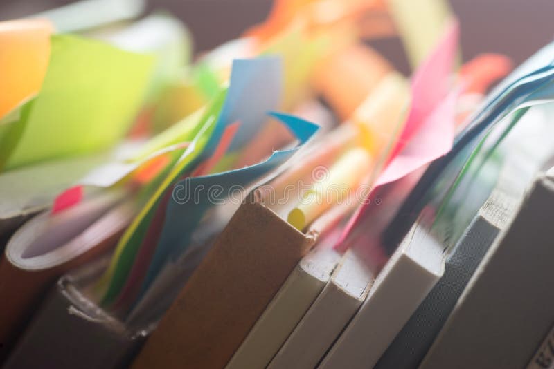 Books and Notebooks with Multicolored Stickers Stock Photo - Image of ...