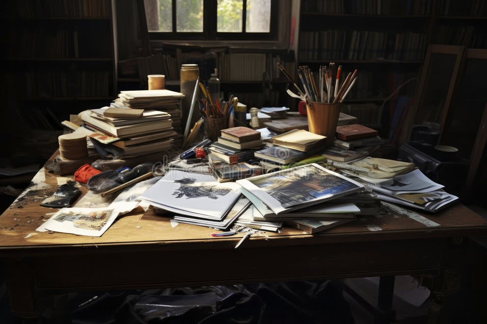 Books and Notebooks on the Table. Generative AI Stock Illustration ...