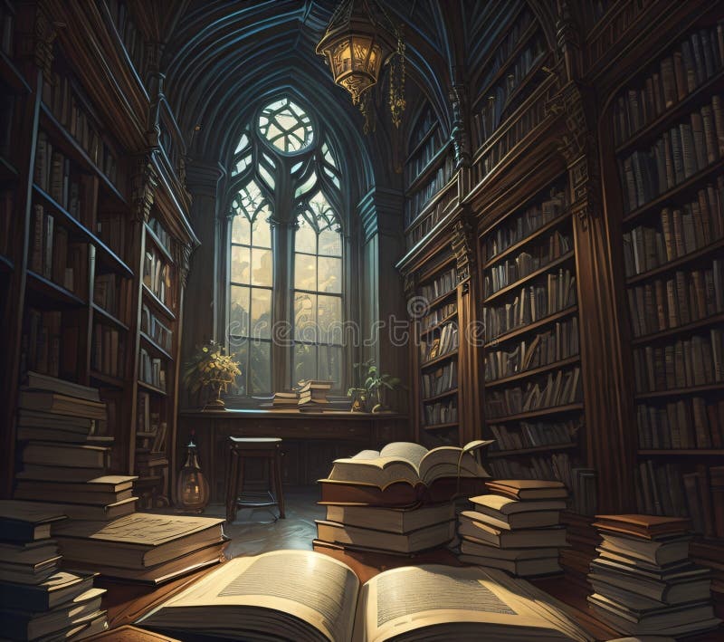 Books in an Old Library with a Big Window Stock Illustration ...