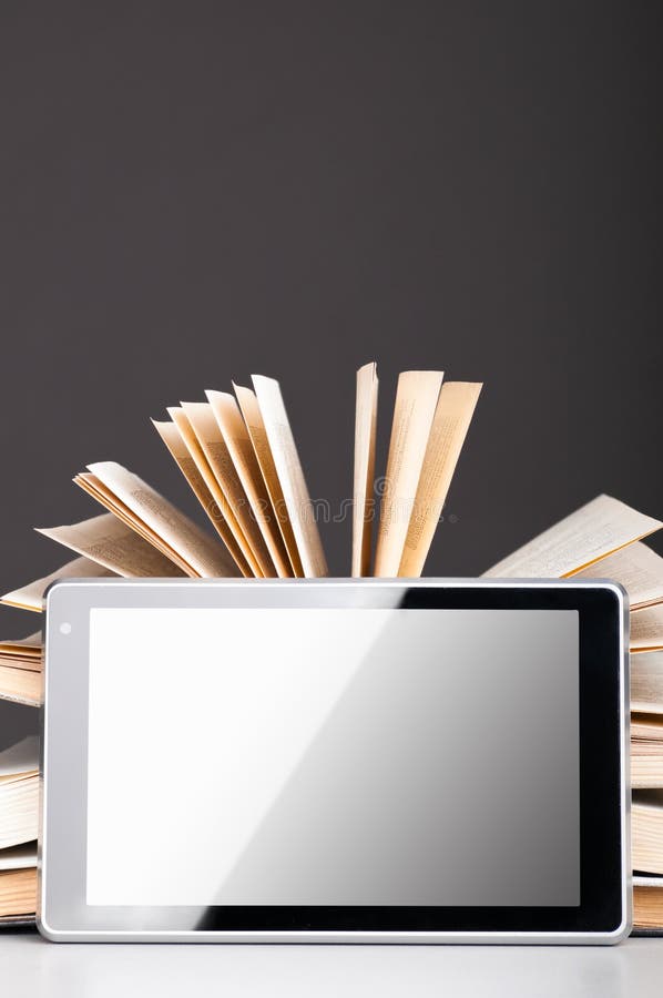 E-book Library Concept with Laptop Computer and Stack of Books Stock ...