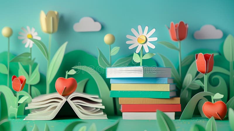 Books and Paper Flowers in a Spring-themed Scene, Reading, Education ...