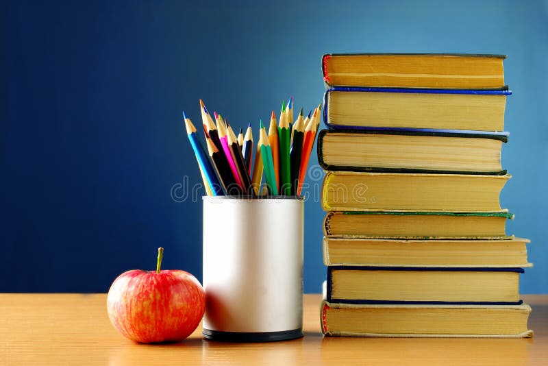 Books, Pencils and Apple on the Table Stock Photo - Image of wood ...