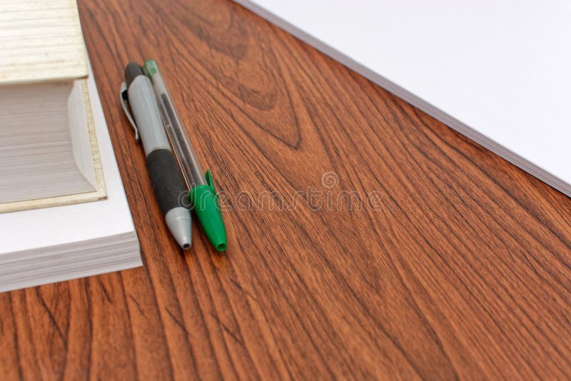 Books, Pens and Sheets on Wooden Desk Stock Photo - Image of letter ...