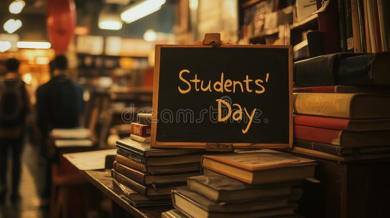 Books Piled on a Table Alongside a Chalkboard for Students Day ...