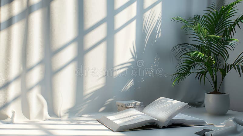 The Books Placed Next To the Window Cast a Shadow on the Desktop Stock ...