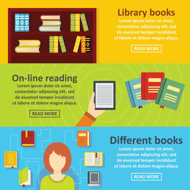 Books Reading Banner Horizontal Set, Flat Style Stock Vector ...