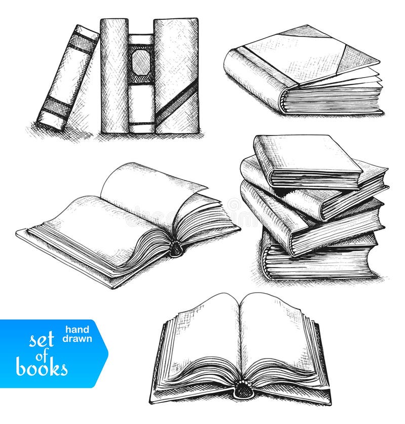 Sketch of Books. Hand Drawn Books Set. Opened and Closed Books Stock ...