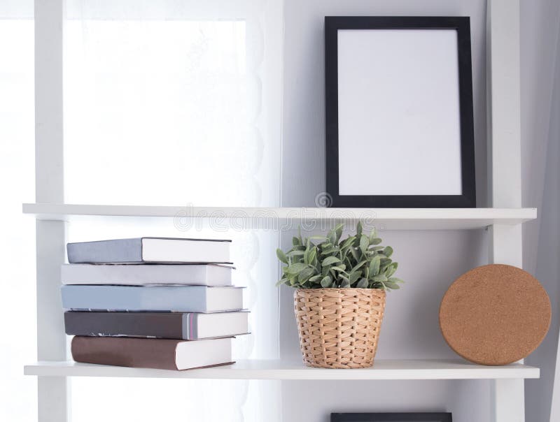 Book Shelf Blank Spines, Empty Binding Stack on Wood Texture Background ...