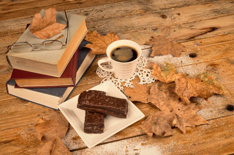Books and a snack stock photo. Image of books, fall, glasses - 47711056