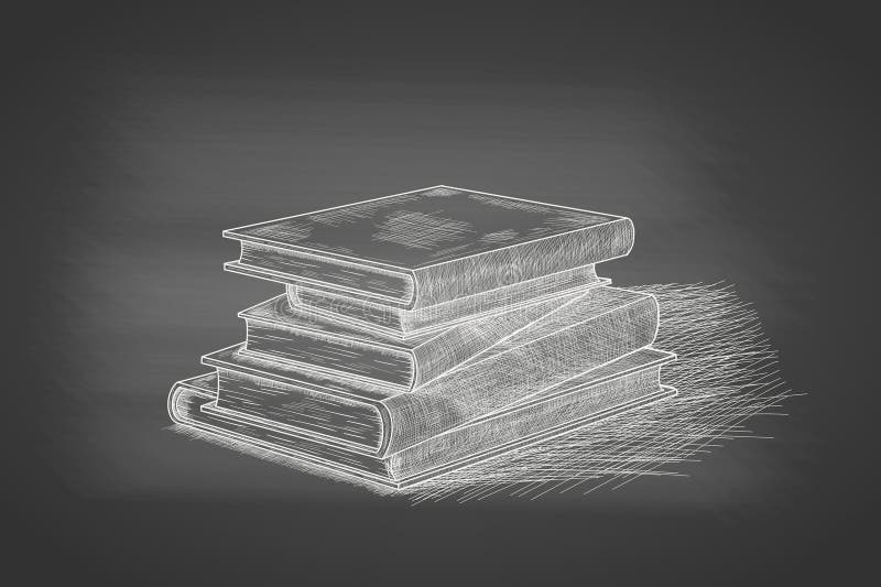 Books Stack - Chalk Drawing on the Blackboard. Hand Drawn Sketch in ...