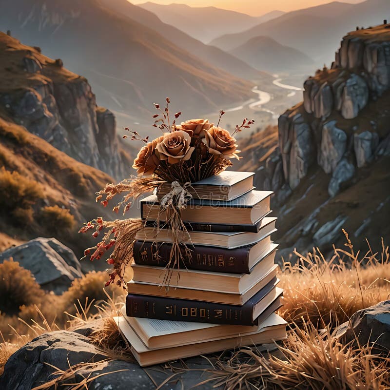 Books Stack with Dried Roses on Top Standing on the Edge of the Cliff ...