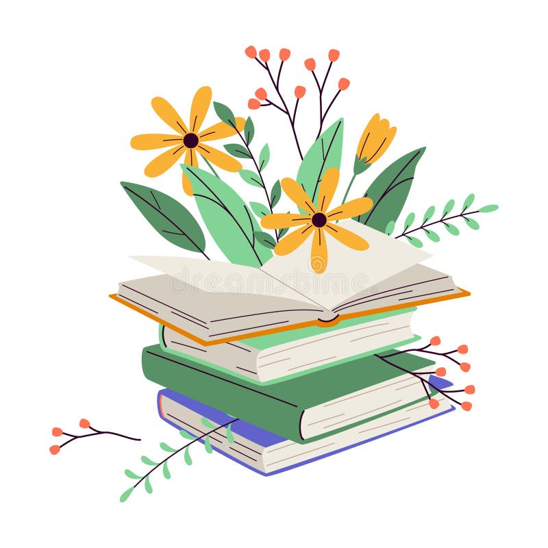 Books Stack with Fresh Flower Sand Leaves 2D Cartoon Objects Stock ...