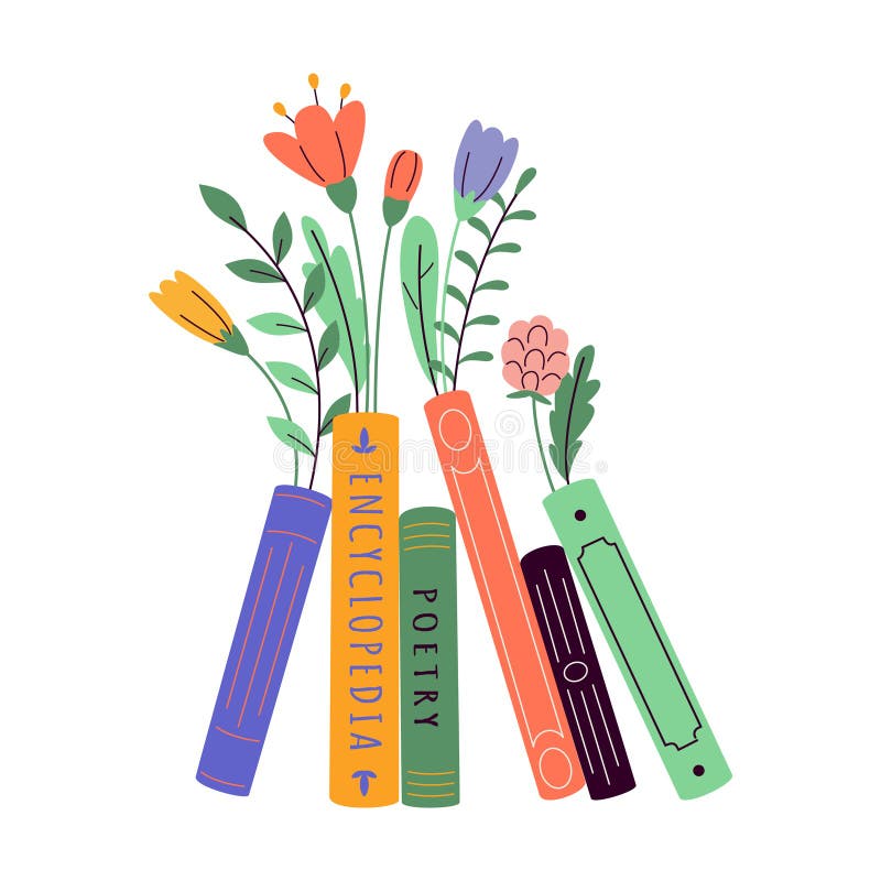 Books Stack with Fresh Flower Sand Leaves 2D Cartoon Objects Stock ...