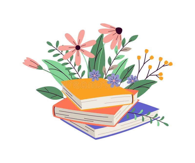 Books Stack with Fresh Flower Sand Leaves 2D Cartoon Objects Stock ...