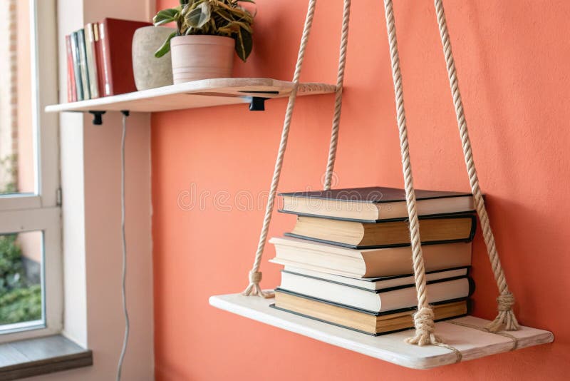 Books Stack on Hanging Shelf with Coral Peach Wall Stock Illustration - Illustration of ...