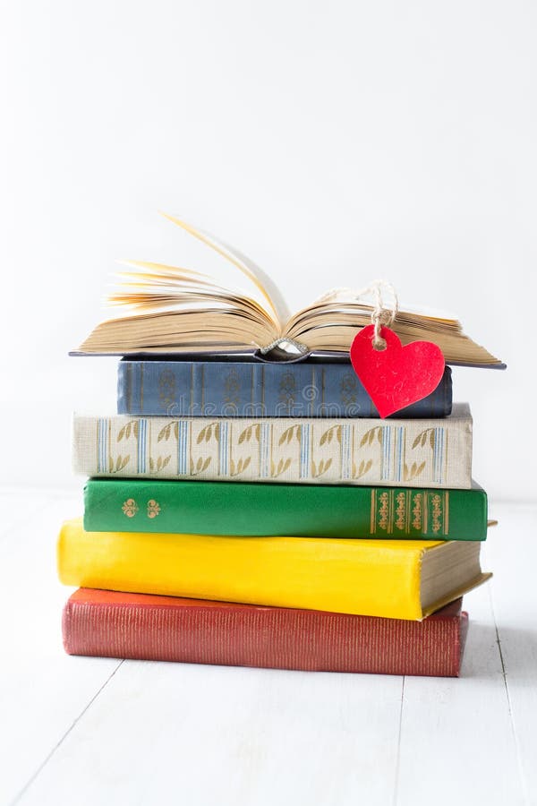 Books Stack with Heart Shaped Bookmark Stock Image - Image of library ...