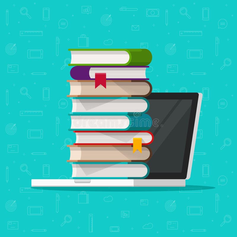 Books Stack on Laptop Computer Vector Illustration, Flat Cartoon Pc ...