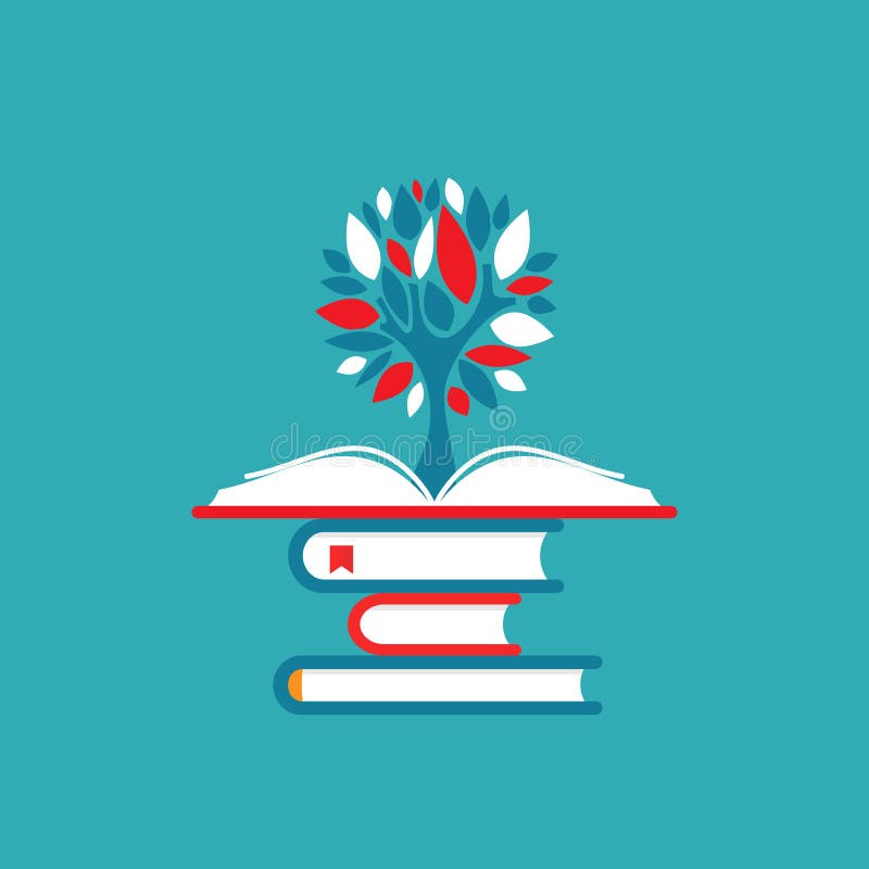 Books Stack, Red Open Book and Tree. Flat Icon Isolated on Powder Blue ...