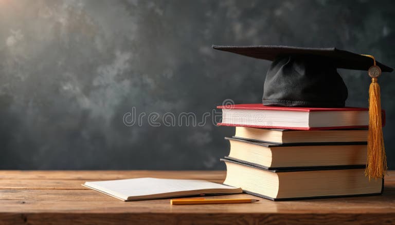 Books Stack on Wooden Table with Graduation Cap. Education, Academic ...