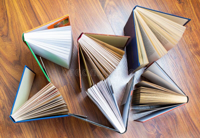 Books Stack on Wooden Table, Top View Flat Lay. Reading, Learning ...