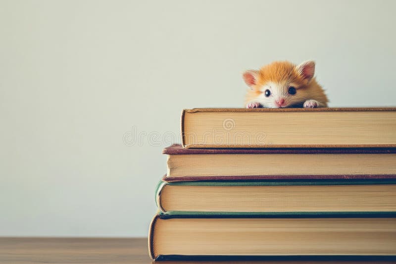 Books Stacked with Adorable Tiny Animals Peeking Out in a Cozy Reading ...