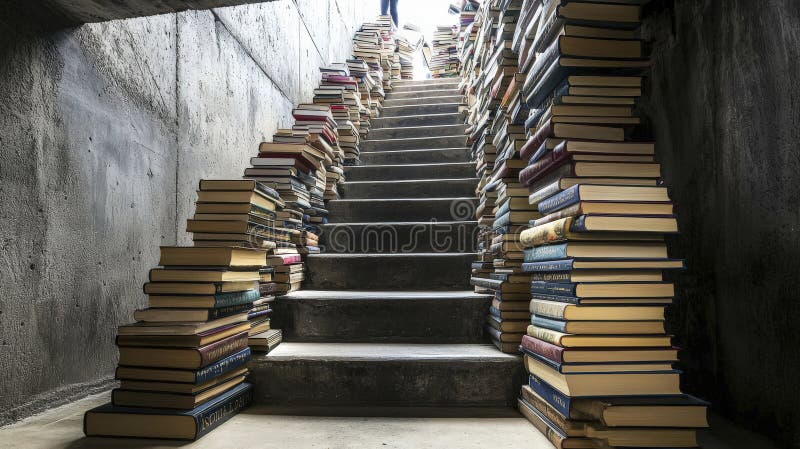 Books Stacked Along Staircase Underground Library Architectural Structure Dark Setting ...