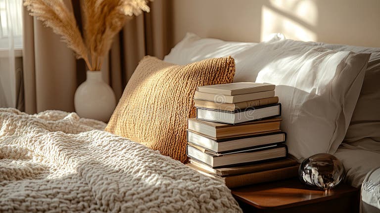 Books Stacked on a Bedside Table Next To a Cozy Bed. Stock Image ...