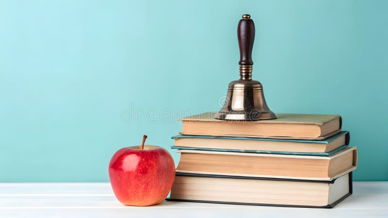 Books Stacked with a Bell and a Red Apple on a Light Blue Background ...