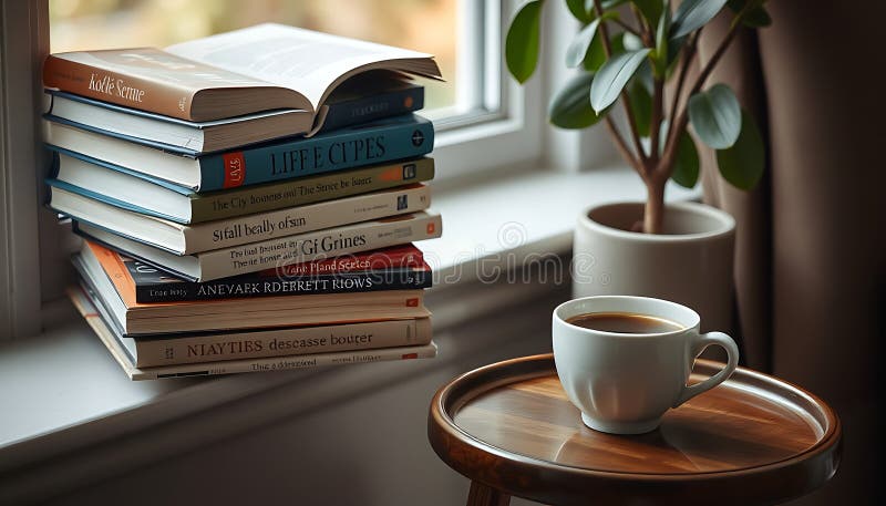 Books Stacked with Coffee Cup, Cozy Reading Nook, Still Life Generative ...