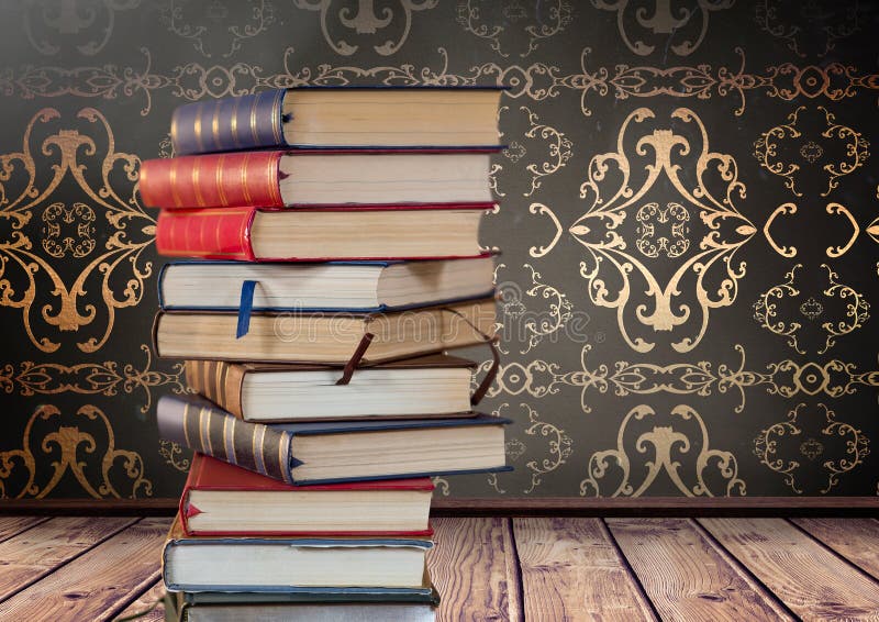 Books Stacked by Decorative Wallpaper Antique Stock Photo - Image of ...