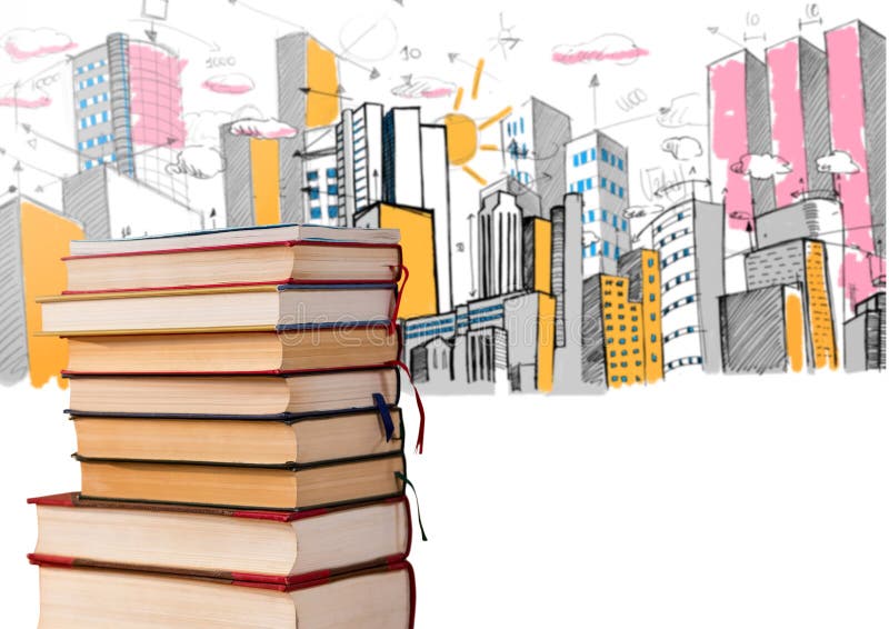 Books Stacked by Fun Buildings Drawings Stock Photo - Image of blue ...