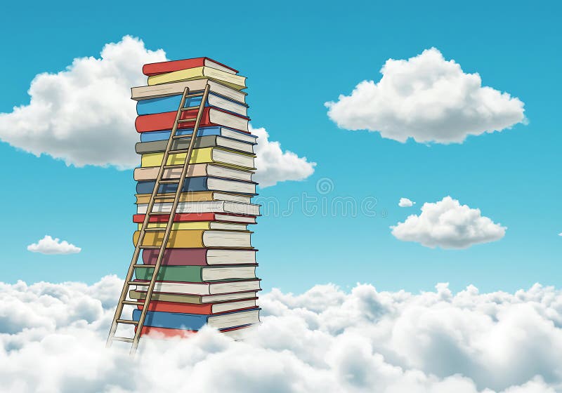 Books Stack with Ladder Reaching Sky Academic Ambition Concept Stock ...