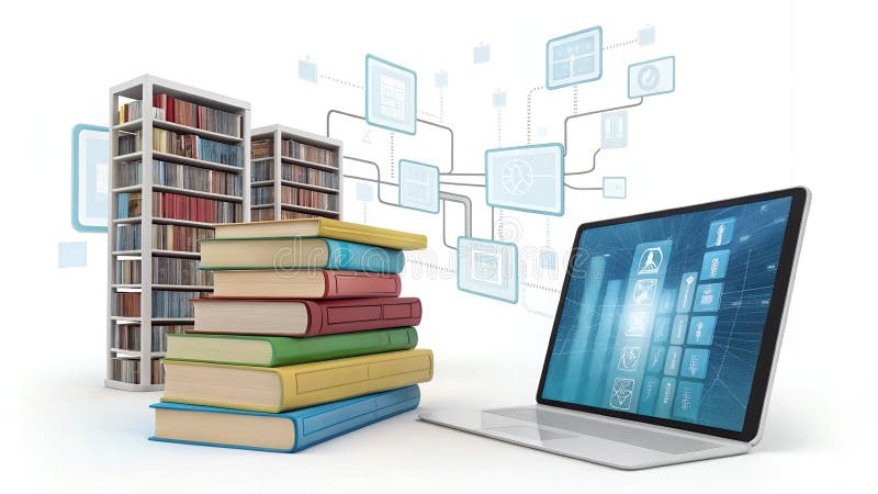 Books Stacked beside Laptop with Flowchart Connection Diagram Stock ...