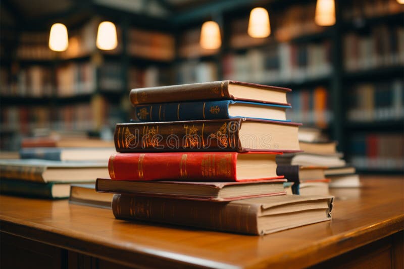 Books Stacked Neatly on a Table with a Library Backdrop Stock ...