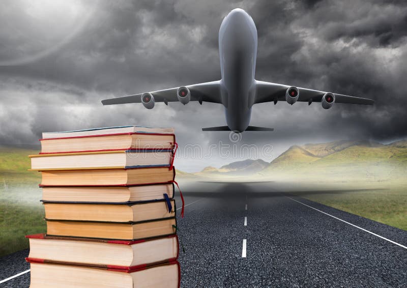 Books Stacked by Plane Take Off Runway Stock Photo - Image of fashioned ...