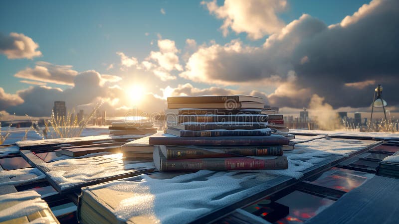 Books Stacked on a Snow-covered Roof. AI Generated Stock Image - Image ...