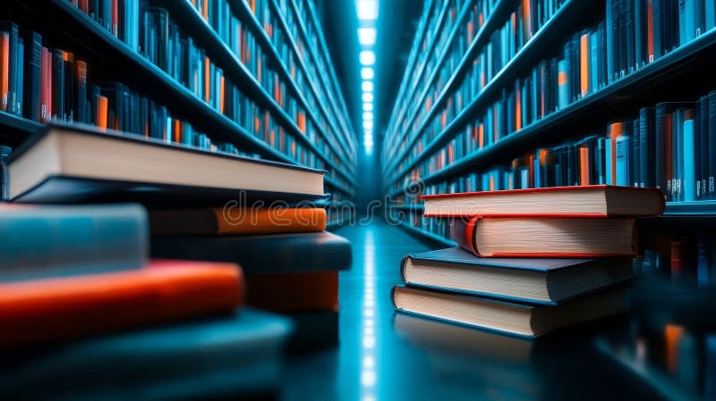 Books Stacked on a Table in a Modern Library Stock Illustration ...