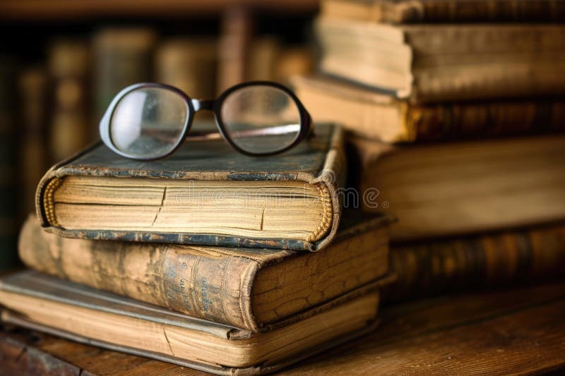 Books Stacked on Top of Each Other with Glasses on Top of Them Stock ...