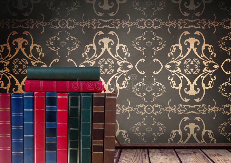 Books Stacked by Wallpaper Antique Decorative Stock Image - Image of ...