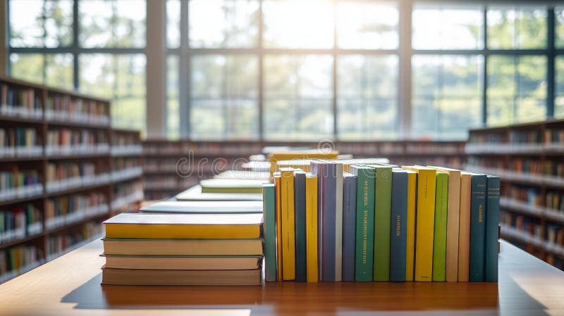 Books Standing Upright on Table in Bright Library Interior Stock Image ...