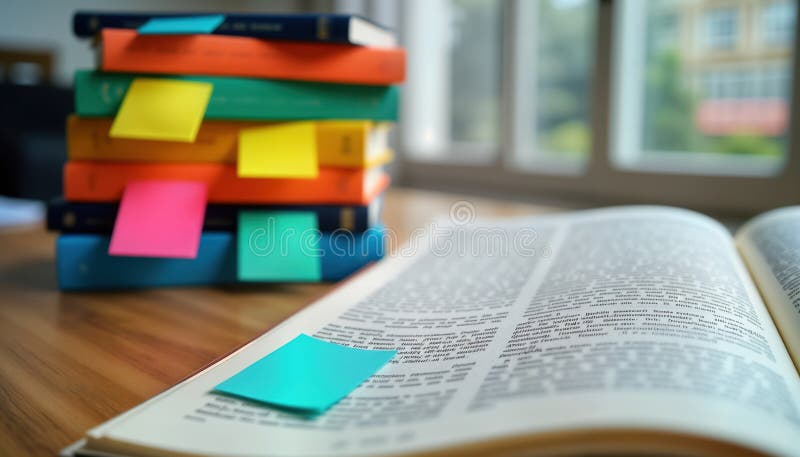 Books, Sticky Notes on Table. Open Book with Notes. Academic Research ...