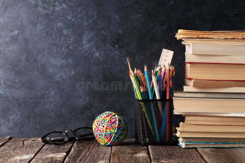 Books and Supplies in Front of Chalk Board Stock Photo - Image of class ...