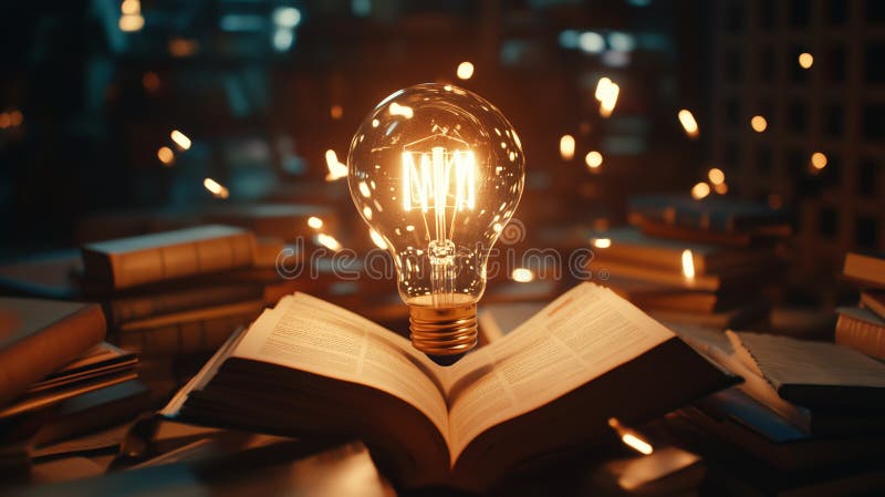 Books Surround a Glowing Light Bulb Stock Image - Image of education ...